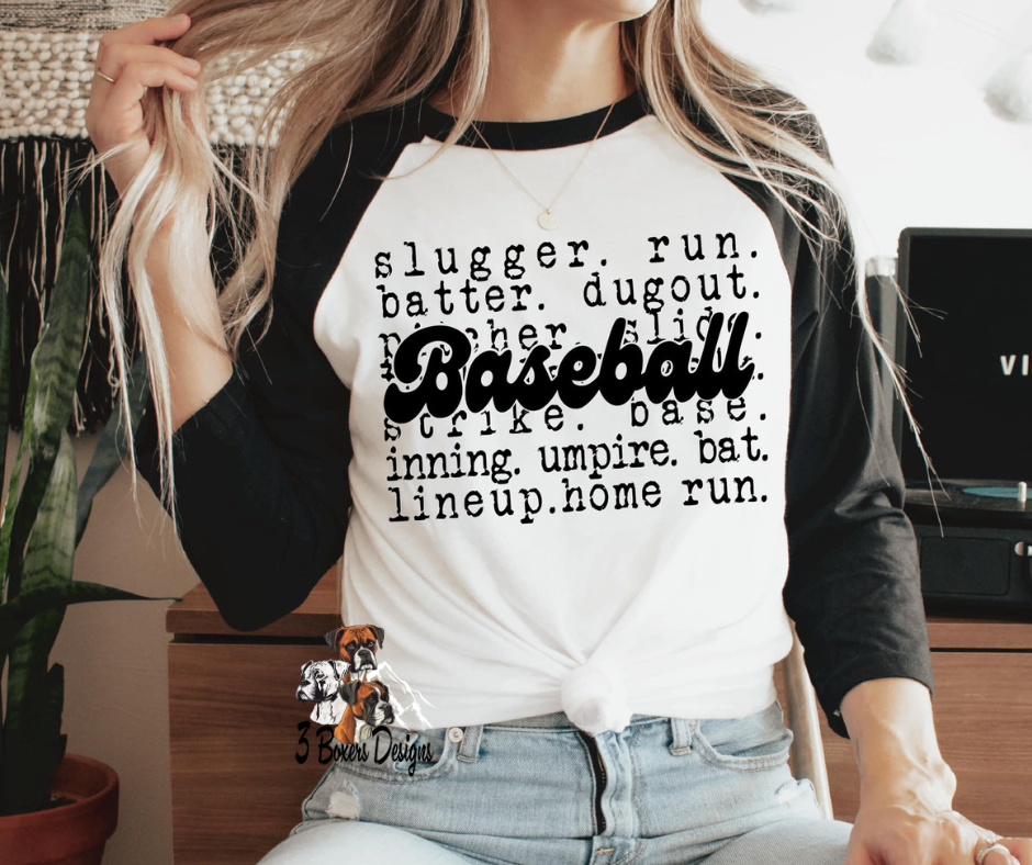 Baseball Words Oversized (Black Ink) – 3 Boxers Designs
